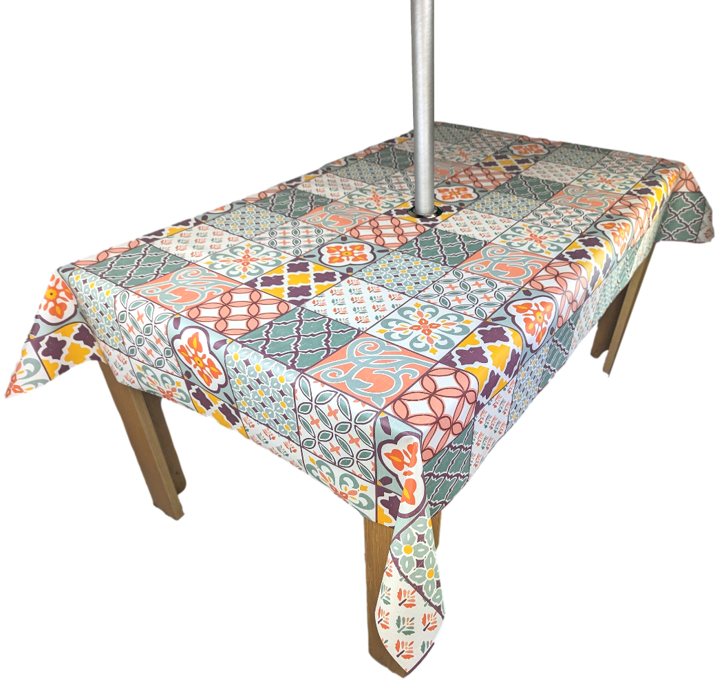 Porto Tiles Multi Tablecloth with Parasol Hole Wipe Clean Tablecloth V