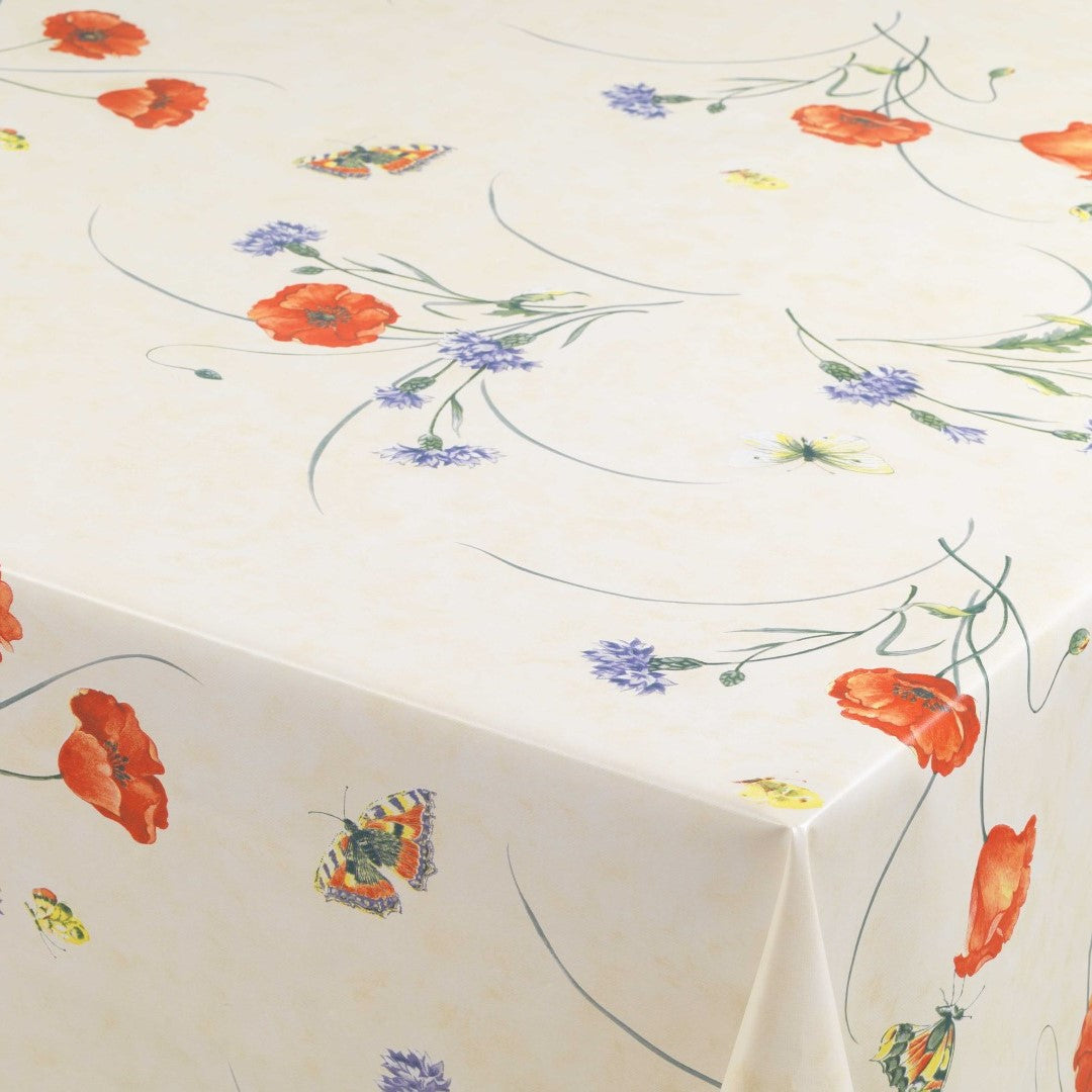 Poppies and Thistles on Cream Vinyl Oilcloth Tablecloth - Vinyl ...