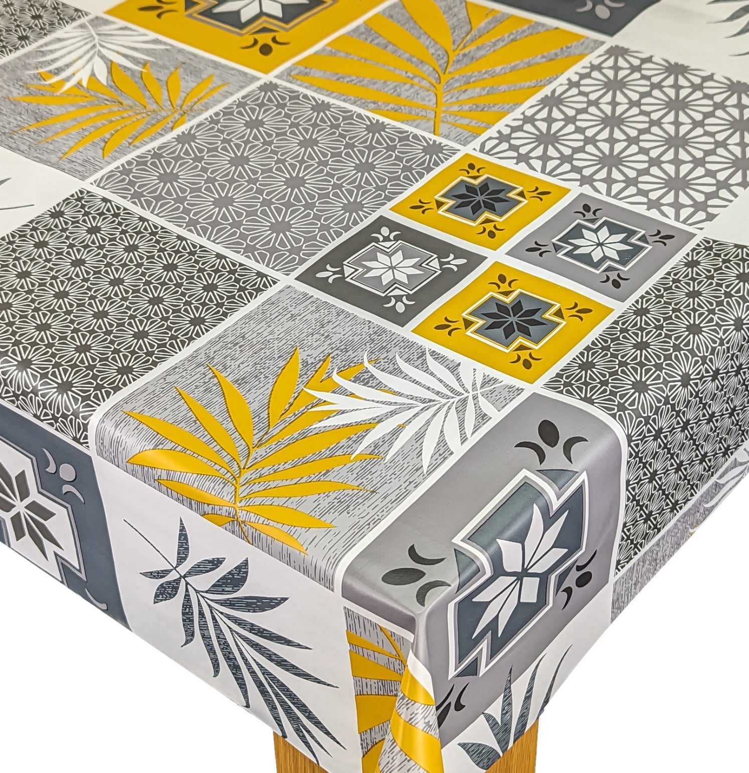 Leafy Geometric Tiles Grey Ochre Vinyl Oilcloth Tablecloth - Wipe Clean ...