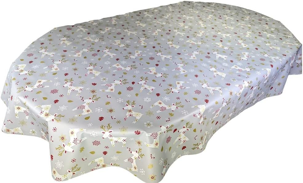Oval Scandi Reindeer Grey Wipe Clean PVC Vinyl Tablecloth 200cm x 140c