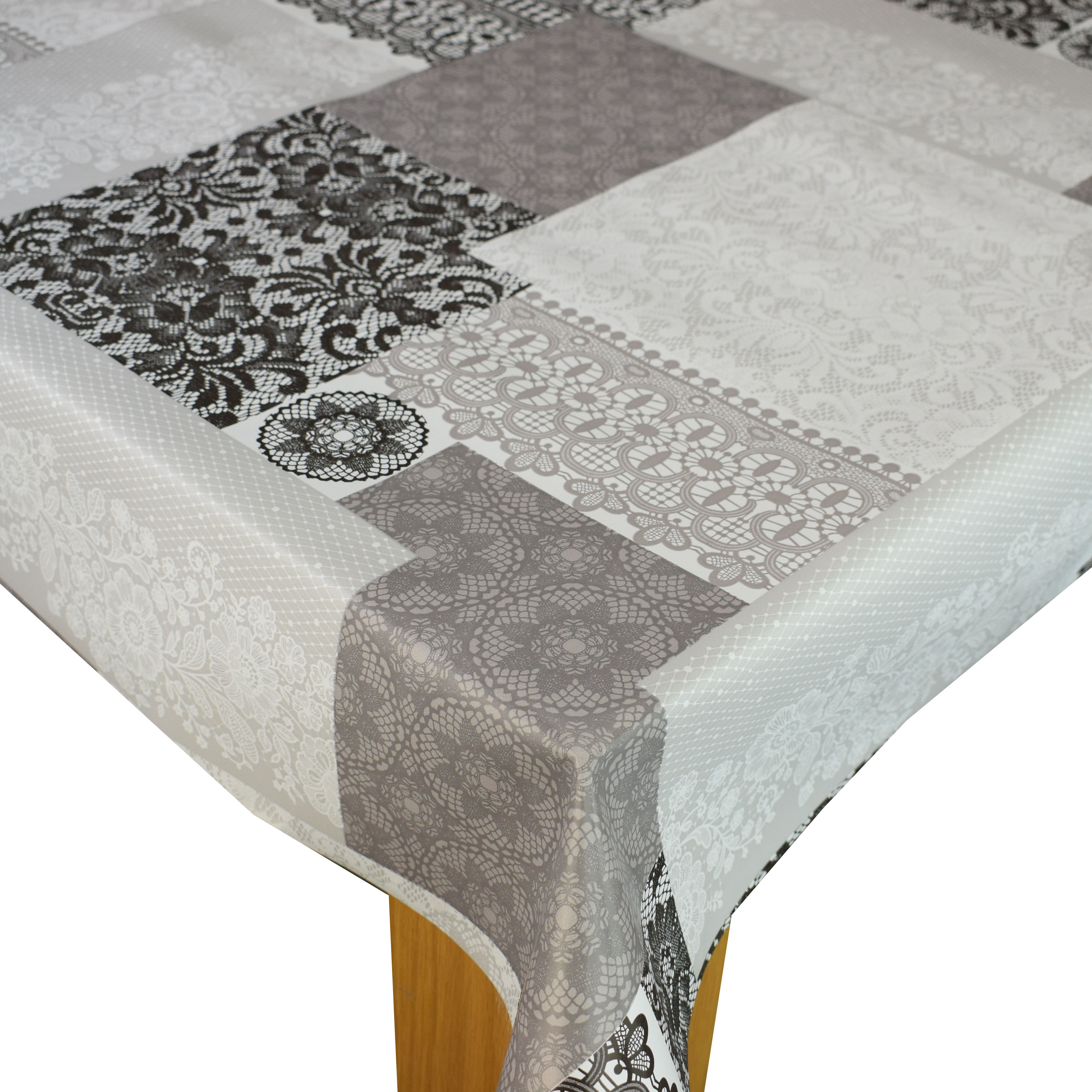 Bruges Charcoal Grey Lace Pattern PVC Vinyl Tablecloth Roll 20 Metres