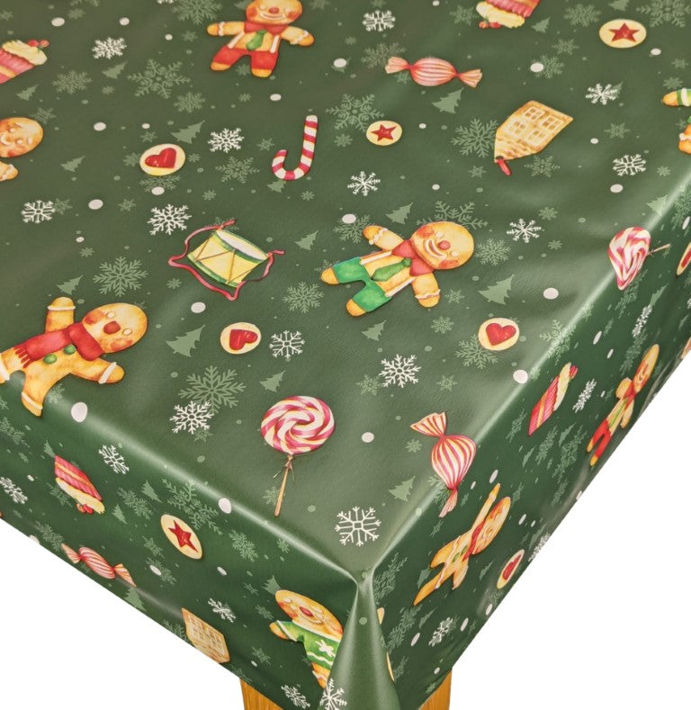 Gingerbread Man Green Christmas PVC Vinyl Tablecloth 20 Metres x 140cm