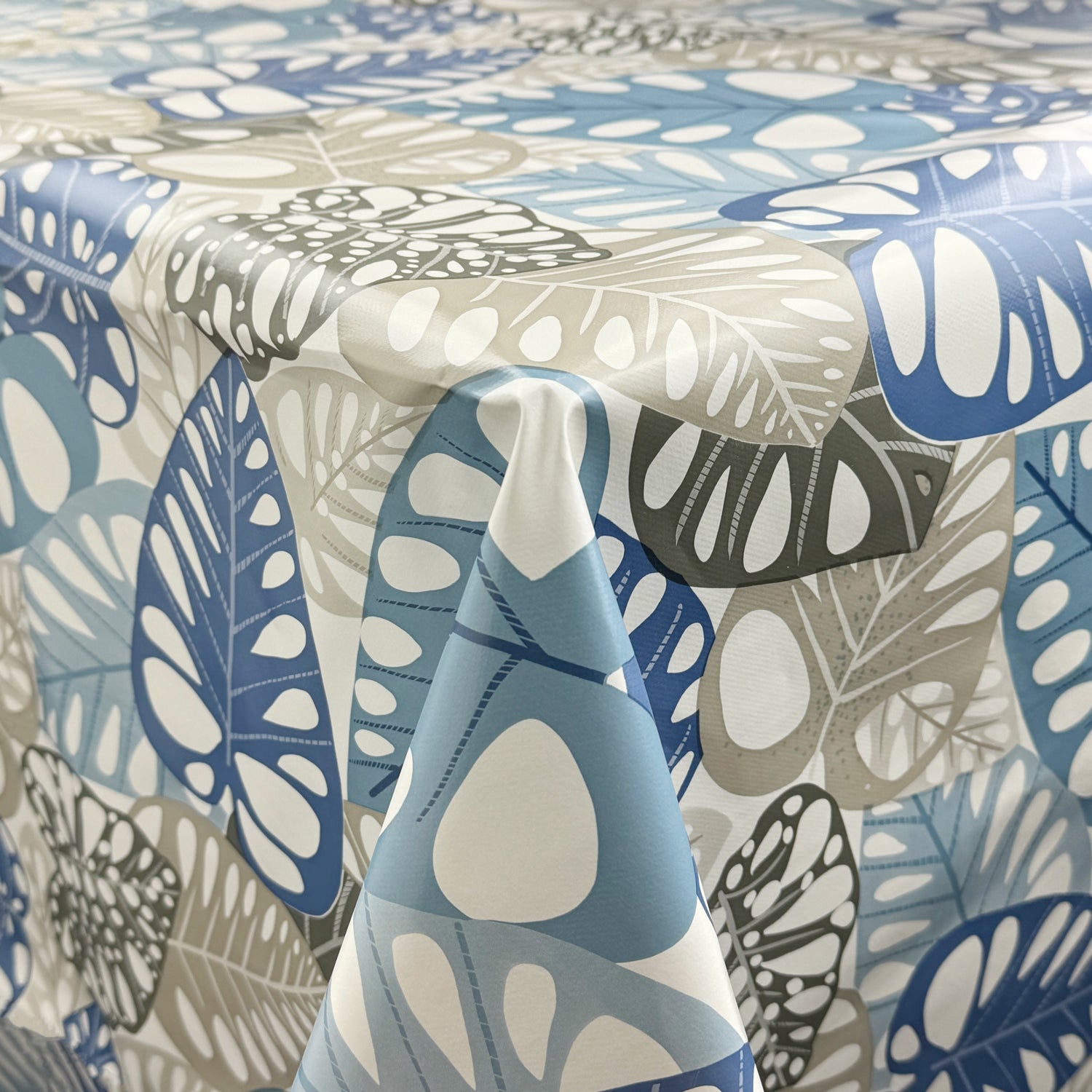 Monstera Leaves Blue PVC Vinyl Oilcloth Tablecloth