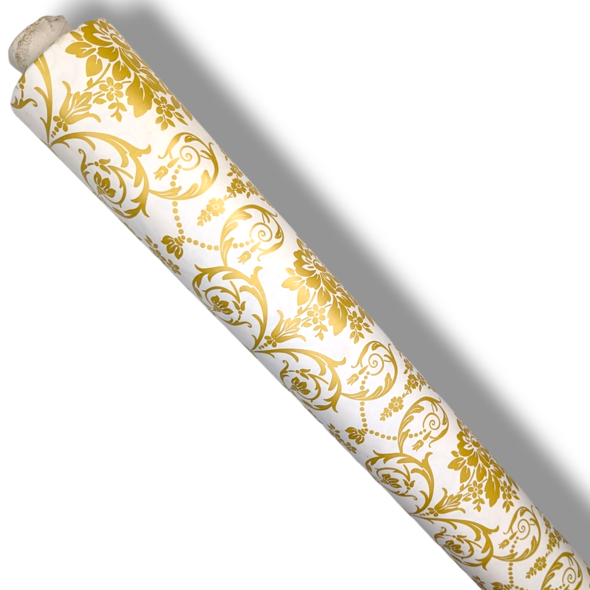 Bright Gold Damask on White PVC Vinyl Tablecloth 140cm x 20 Metres Rol