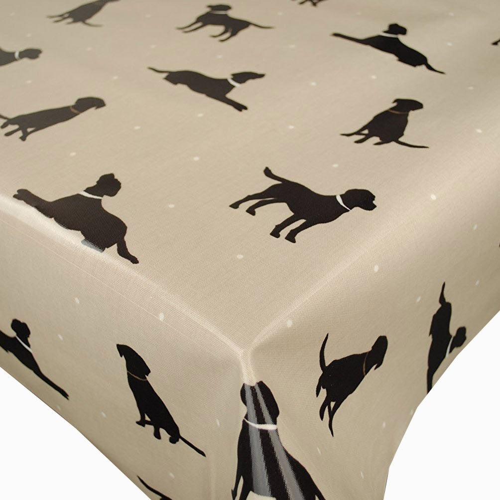 Black dog on natural Oilcloth - PVC Tablecloths & Vinyl Tablecloths