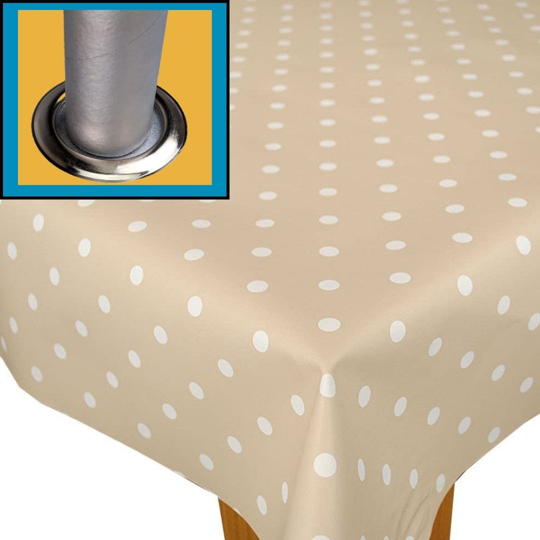 Extra Wide Beige Polka Dot Tablecloth with Parasol Hole Wipe Clean Out
