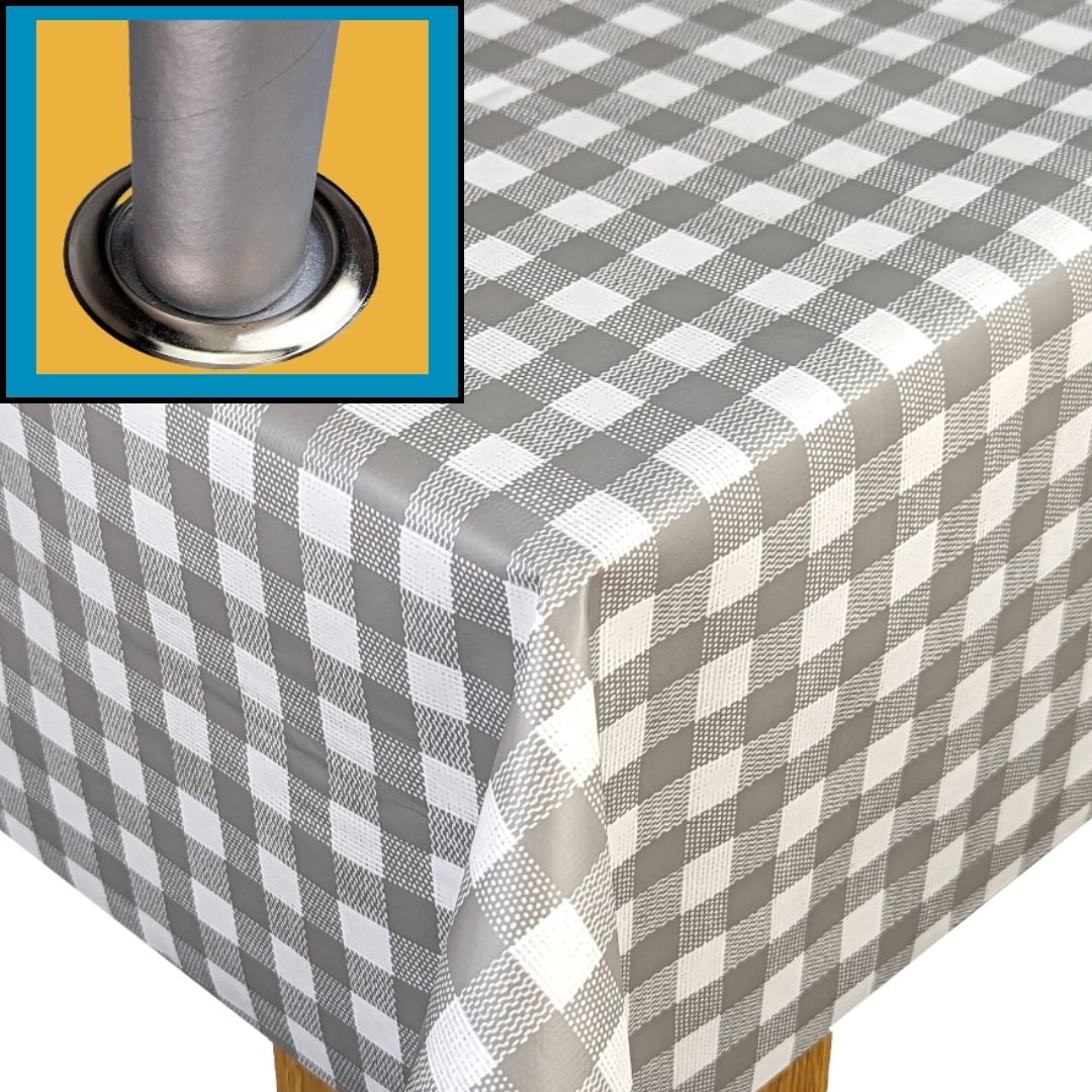 Grey Bistro Check Tablecloth OVAL with Parasol Hole Wipe Clean Tablecl