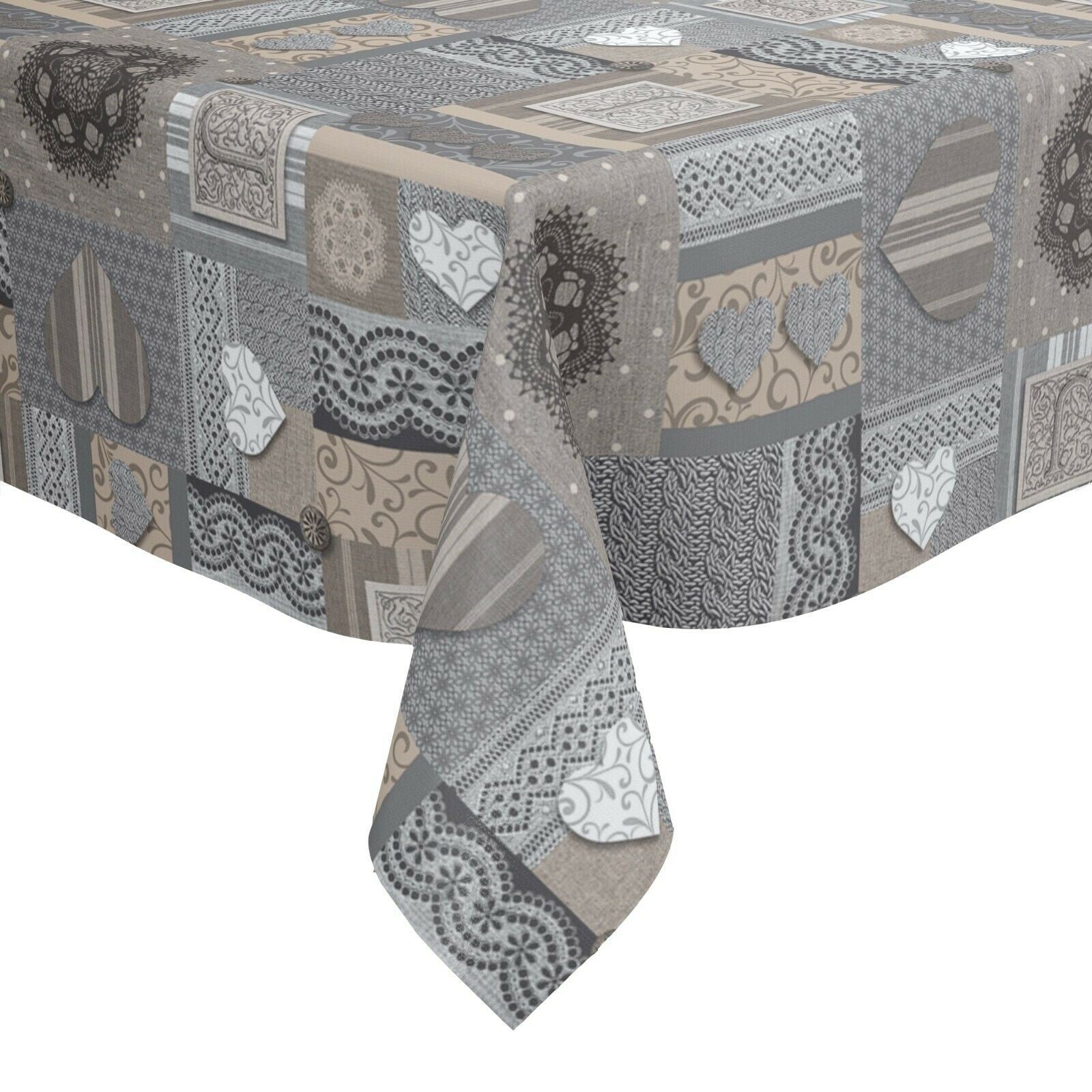 Amelia Hearts Grey Beige PVC Vinyl Wipe Clean Tablecloth 120cm x 120cm