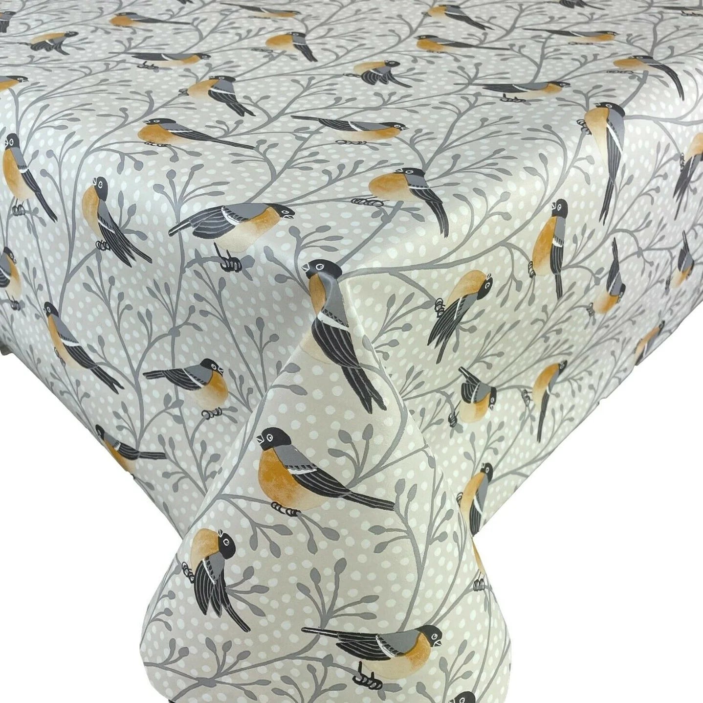 Birds Ochre Grey PVC Vinyl Wipe Clean Tablecloth 300cm x 140cm Warehou