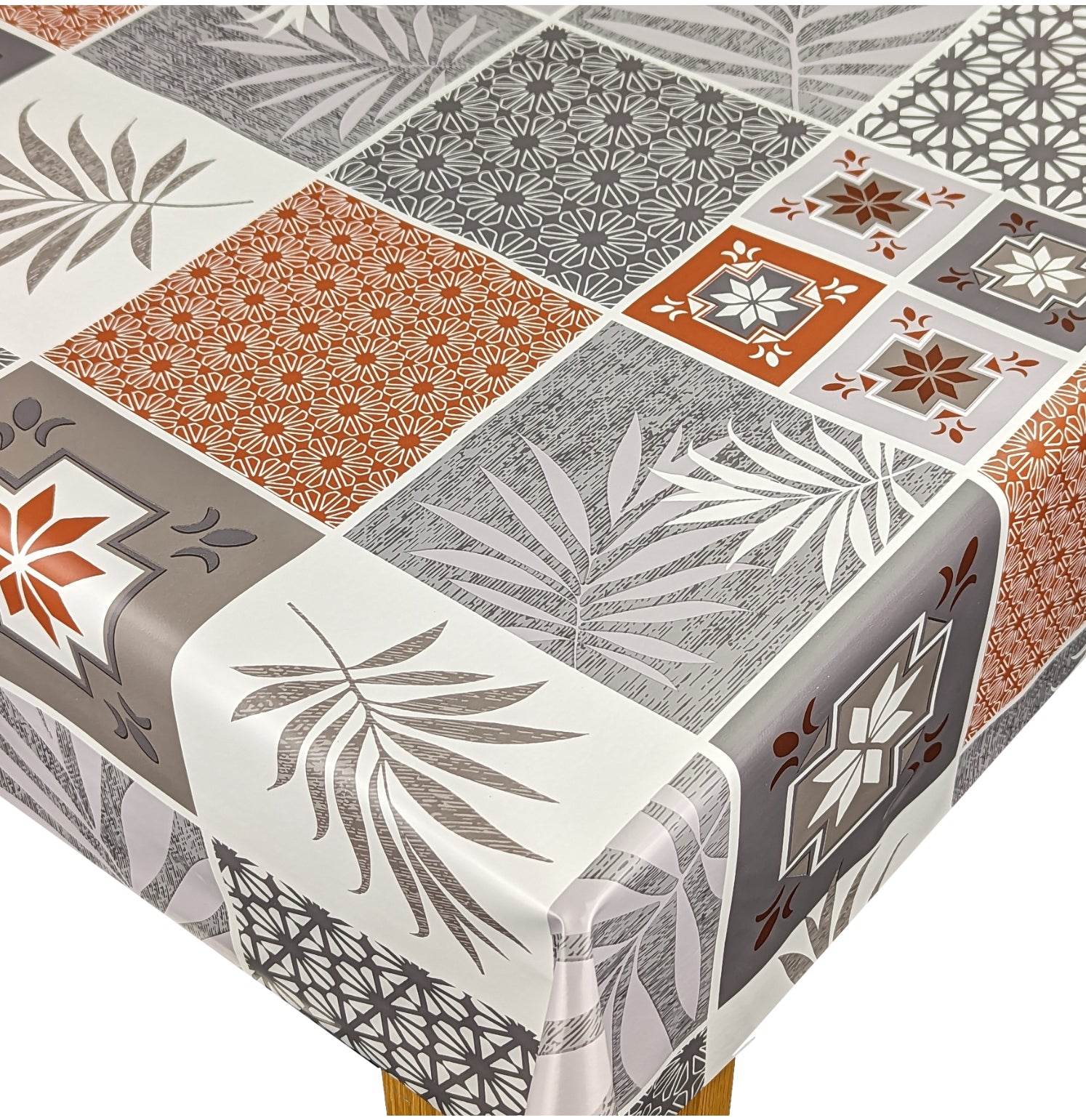 Leafy Geometric Tiles Grey Copper Vinyl Oilcloth Tablecloth - Wipe ...