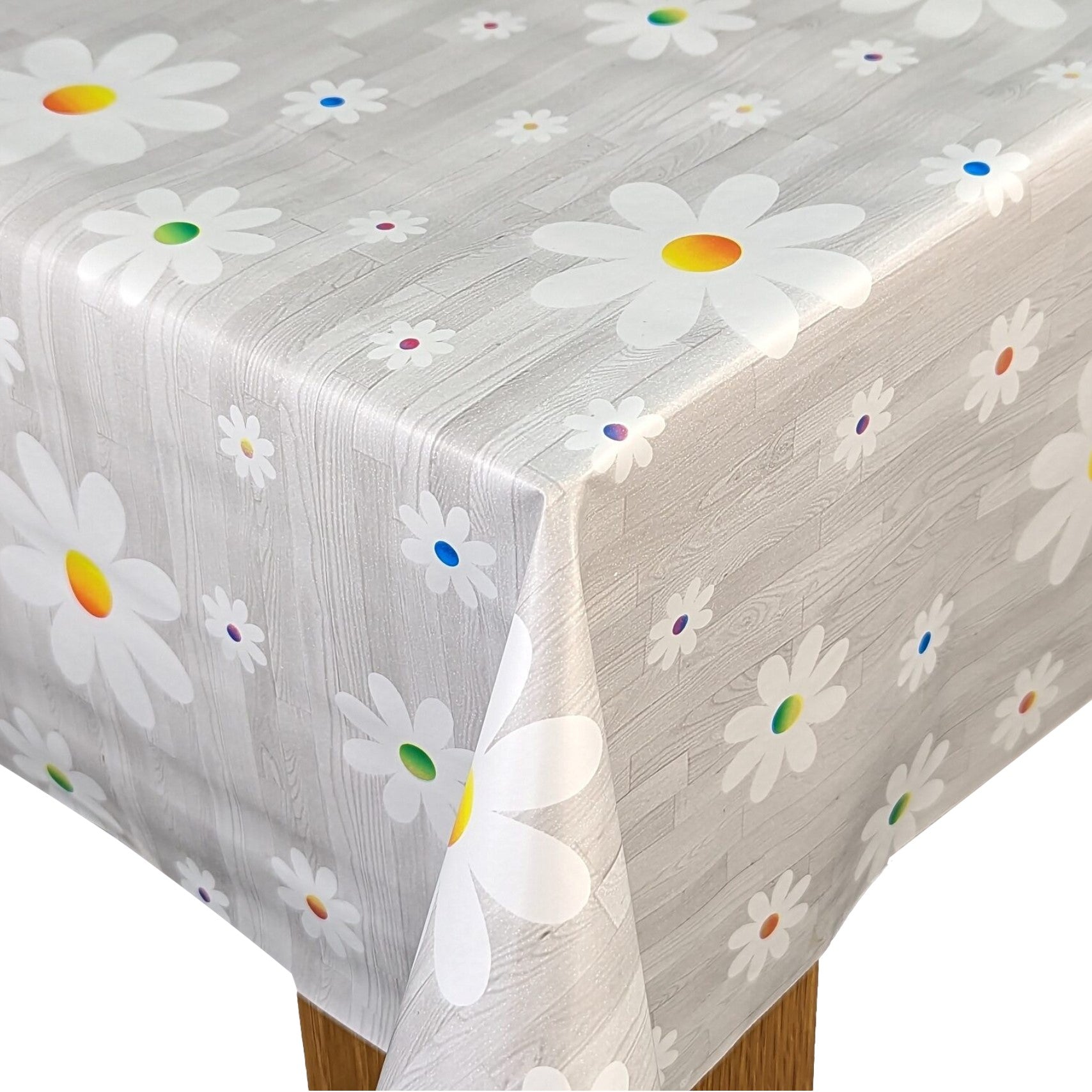 Daisy Flowers on Grey Wood Effect Vinyl Oilcloth Tablecloth - Vinyl ...