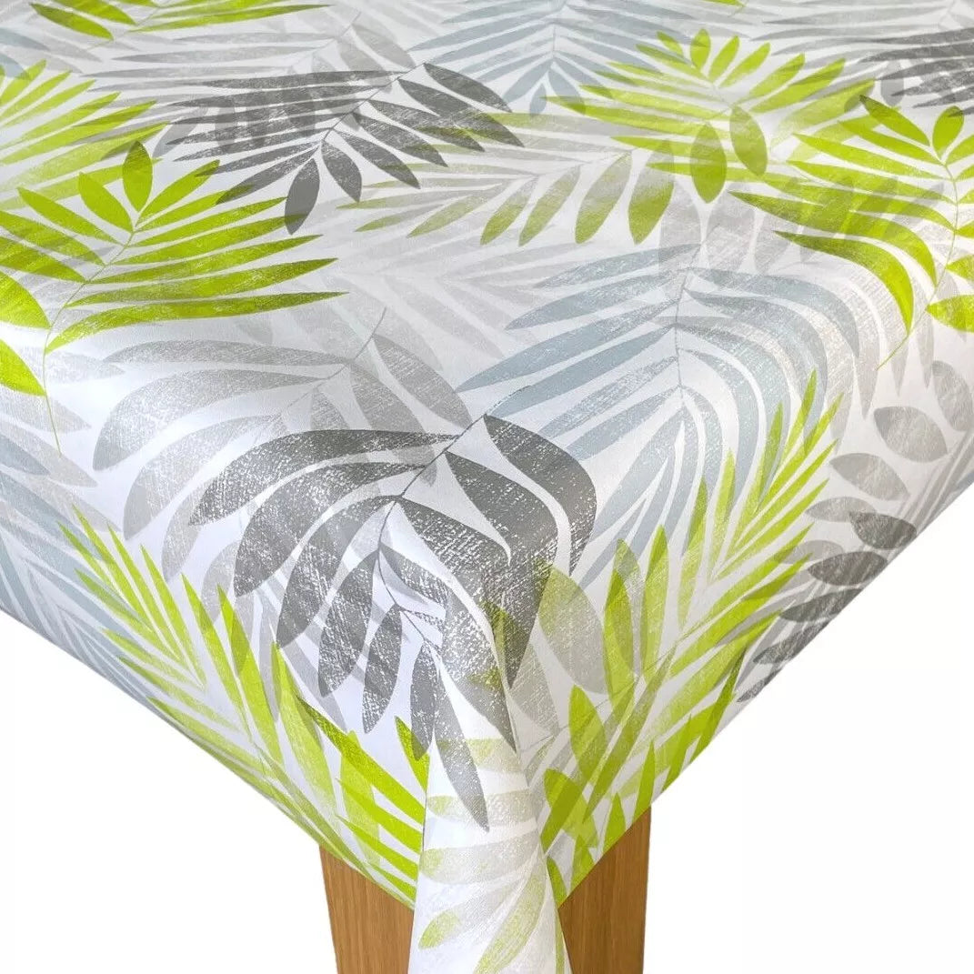 Exotic Palm Leaves Green and Grey PVC Vinyl Wipe Clean Tablecloth 300c
