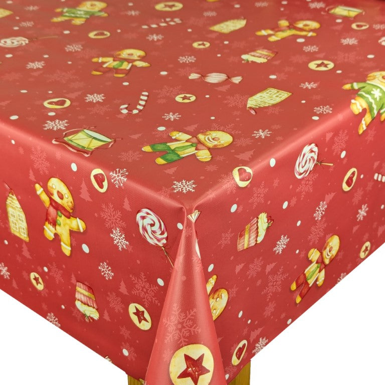 Gingerbread Man Red Christmas PVC Vinyl Tablecloth 20 Metres x 140cm F