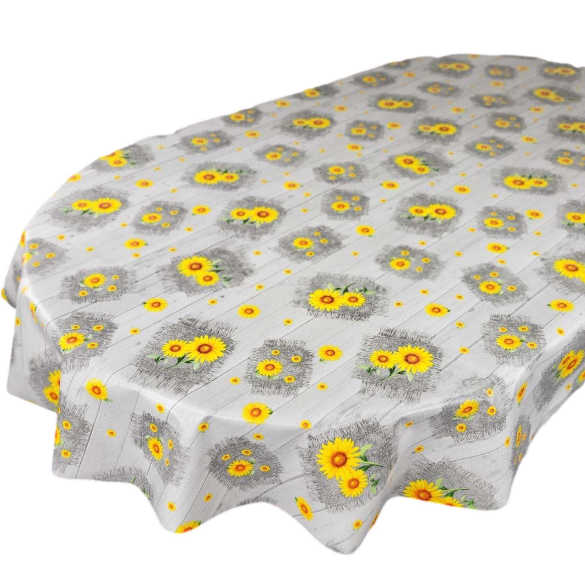 Oval Wipe Clean Tablecloth Vinyl PVC 180cm x 140cm Sunflowers on Grey