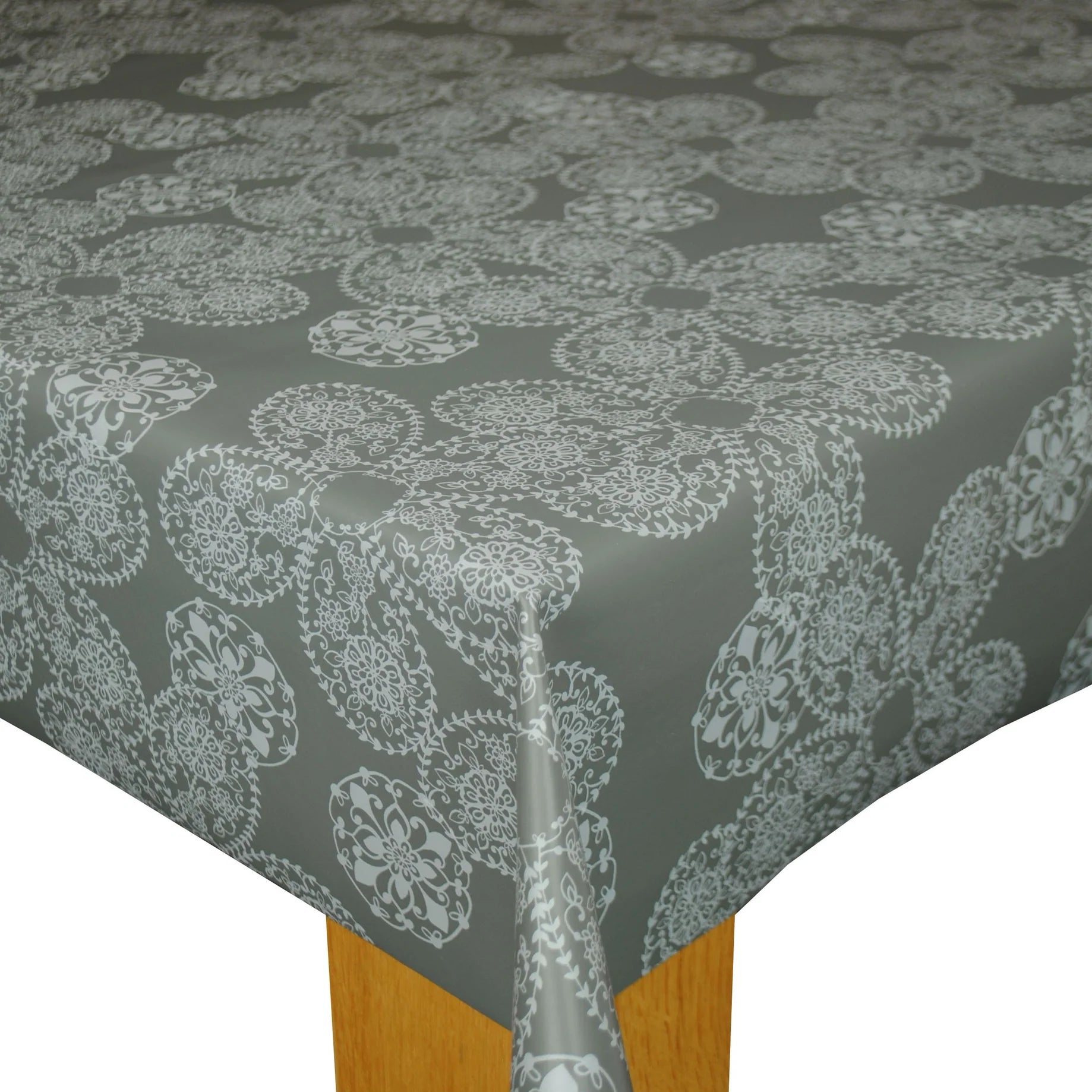 Gunmetal Grey Lace Pattern vinyl tablecloth ROUND 138cm Warehouse Clea