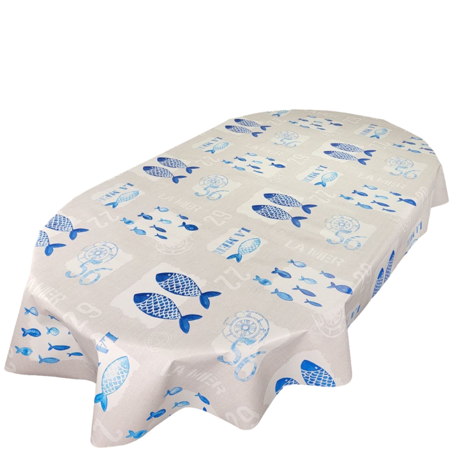 Oval La Mer Seaside Fish Blue Wipe Clean PVC Vinyl Tablecloth 180cm x
