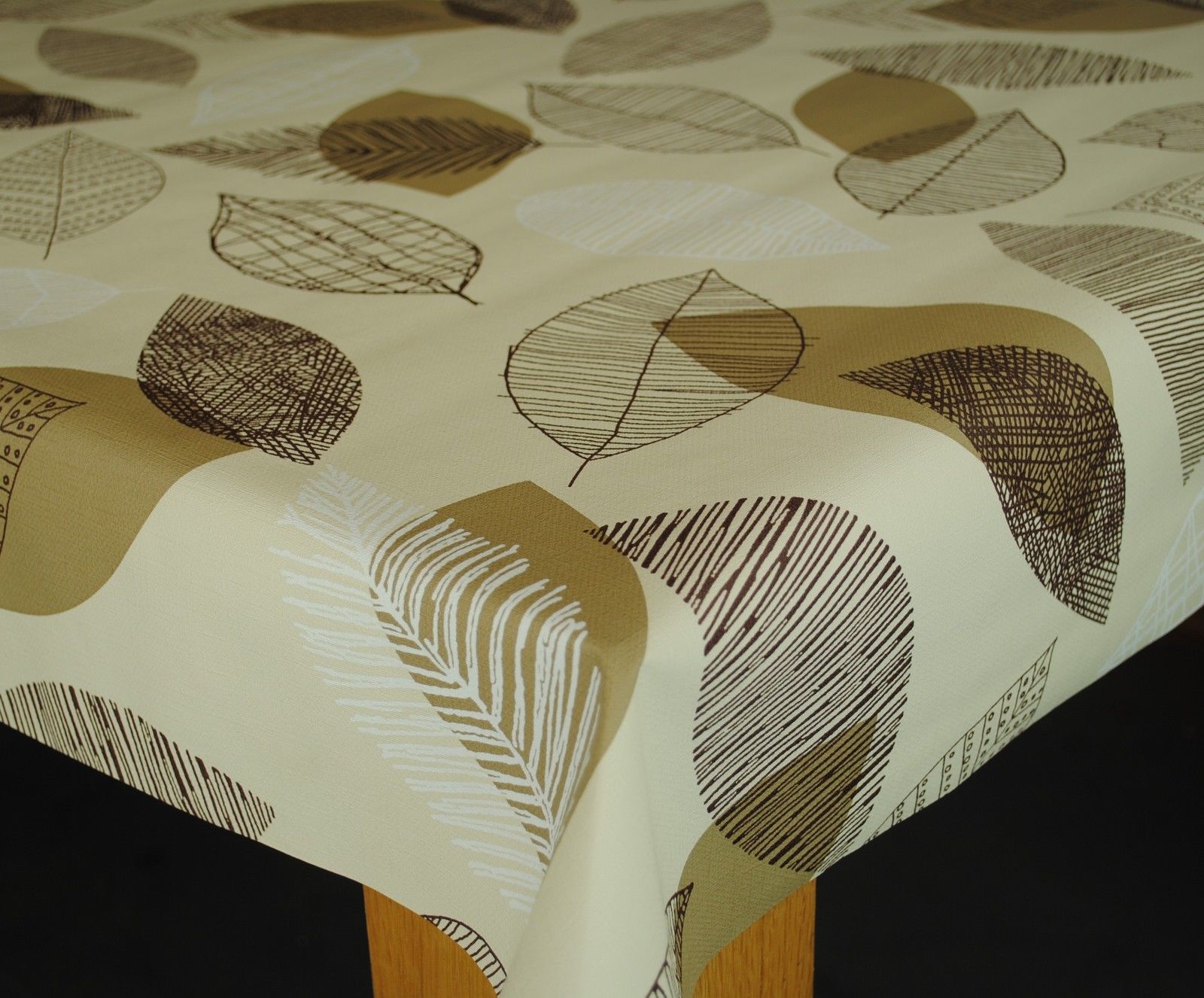 Large Leaves Beige and Taupe PVC Vinyl Wipe Clean Tablecloth 150cm x 1