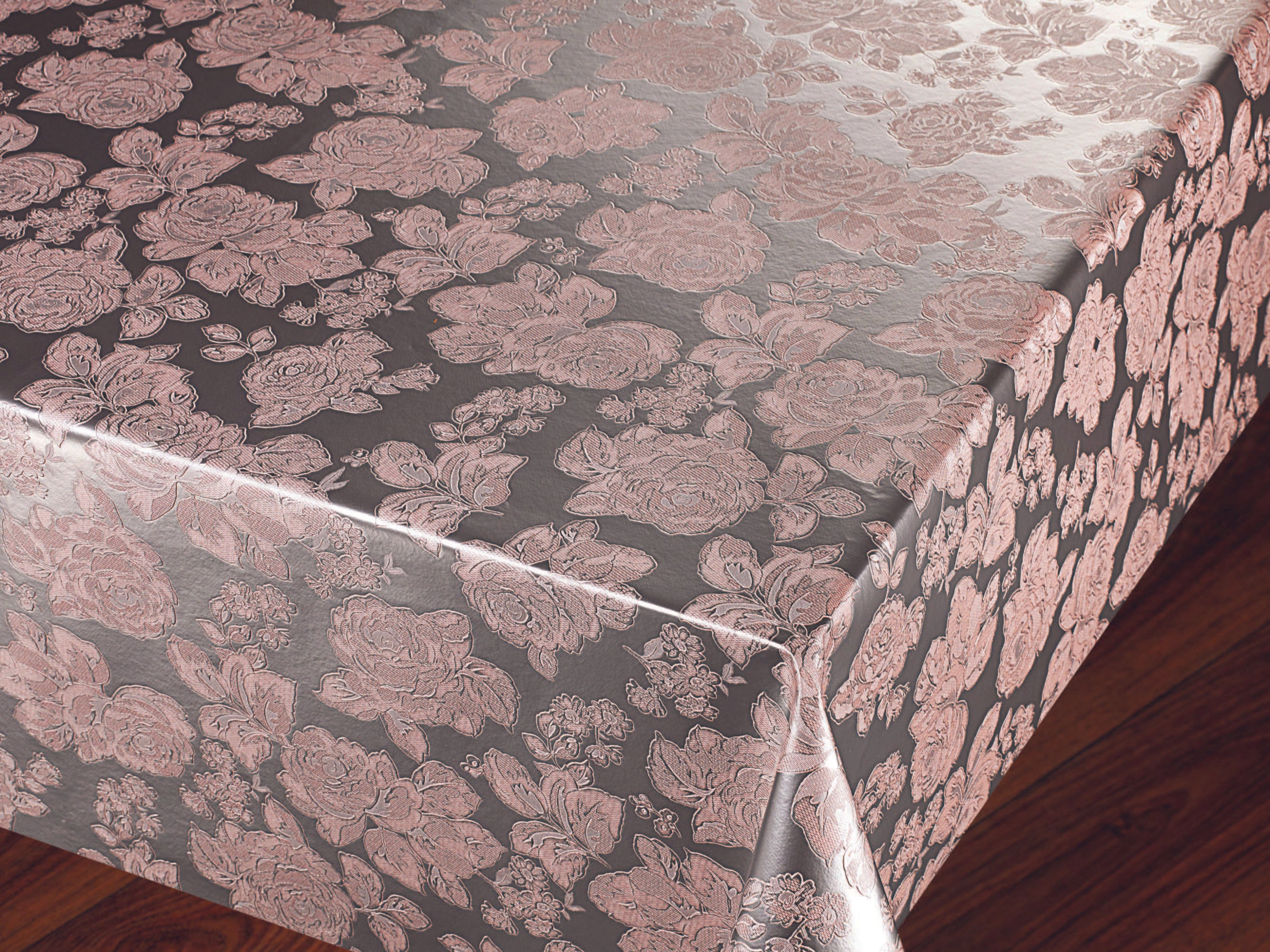 Metallic Pink Flowers on Silver PVC Vinyl Wipe Clean Tablecloth 90cm x