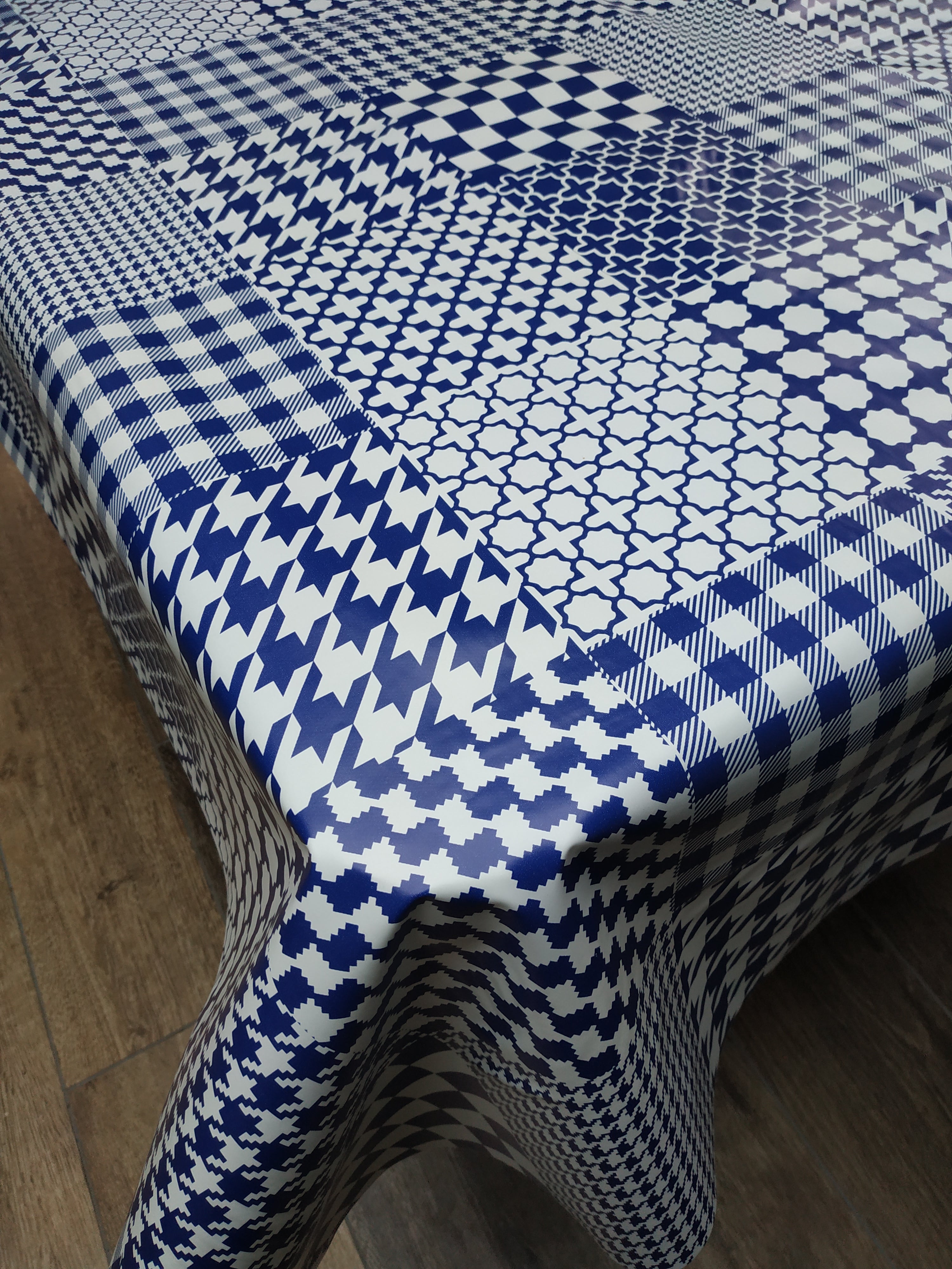 Navy Blue Patchwork Checks PVC Vinyl Tablecloth Roll 20 Metres x 140cm