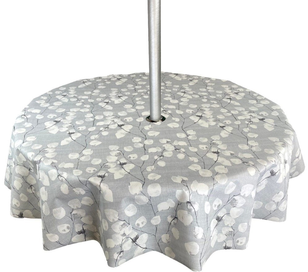 Honesty Grey Floral Leaf Tablecloth with Parasol Hole Wipe Clean Table
