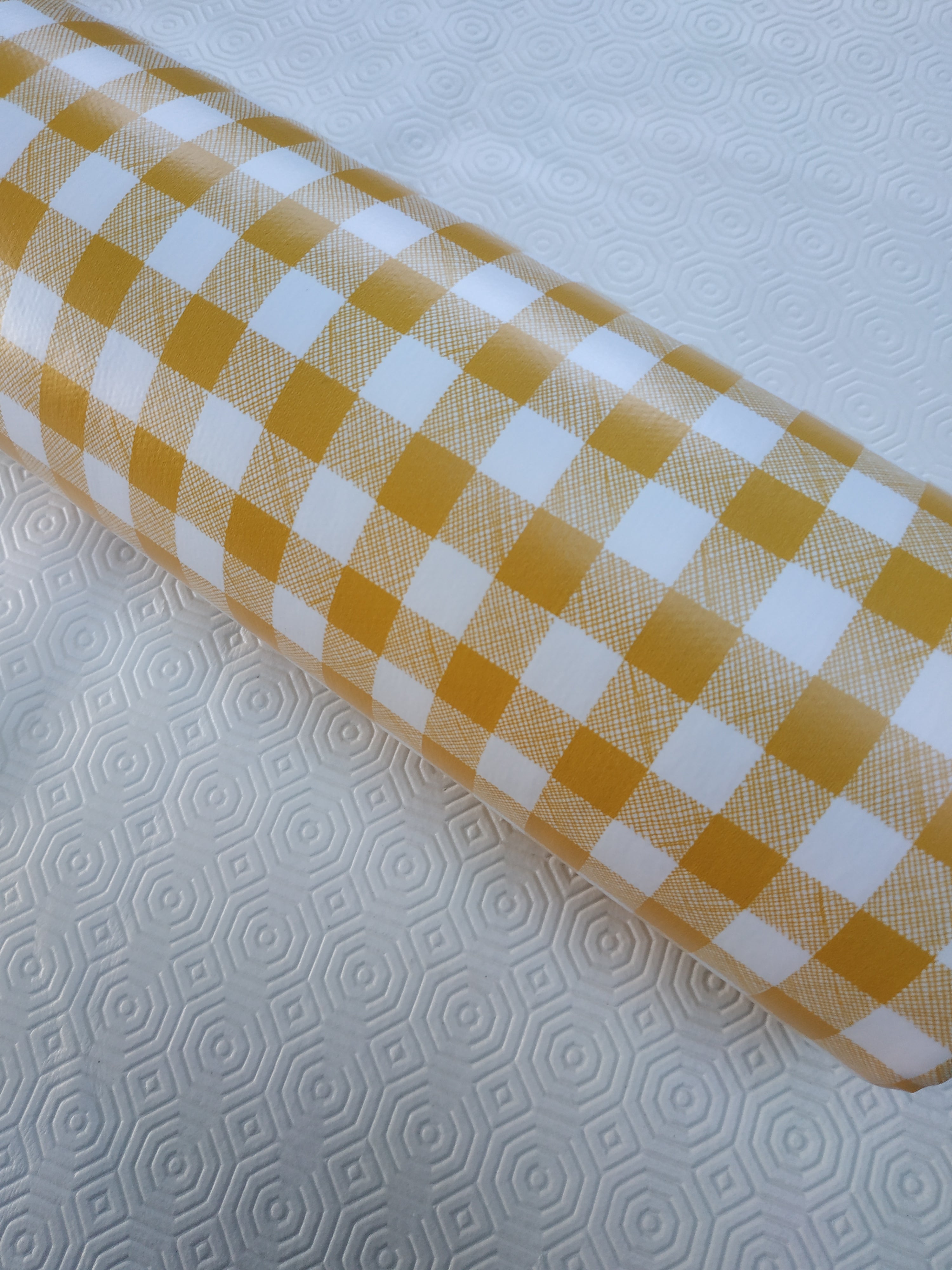 Yellow 12mm Gingham Check Vinyl Tablecloth Roll 20 Metres x 140cm Full