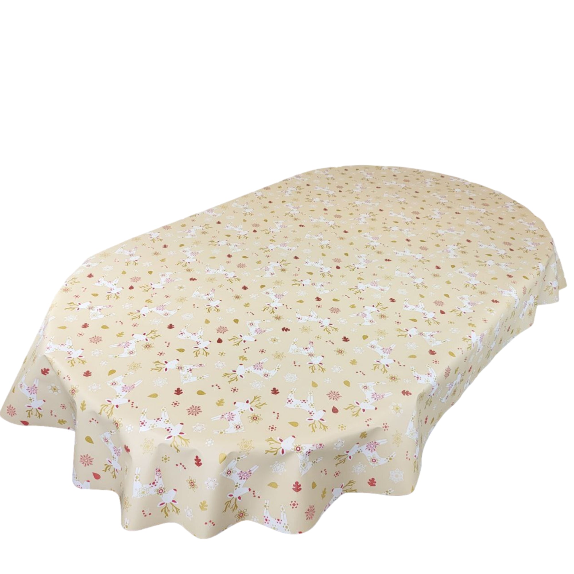 Oval Scandi Reindeer Cream Wipe Clean PVC Vinyl Tablecloth 180cm x 140