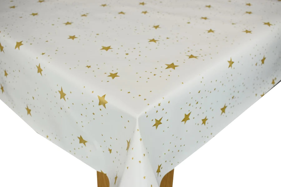 Christmas Cream with Gold Stars Vinyl Oilcloth Tablecloth - Wipe Clean ...