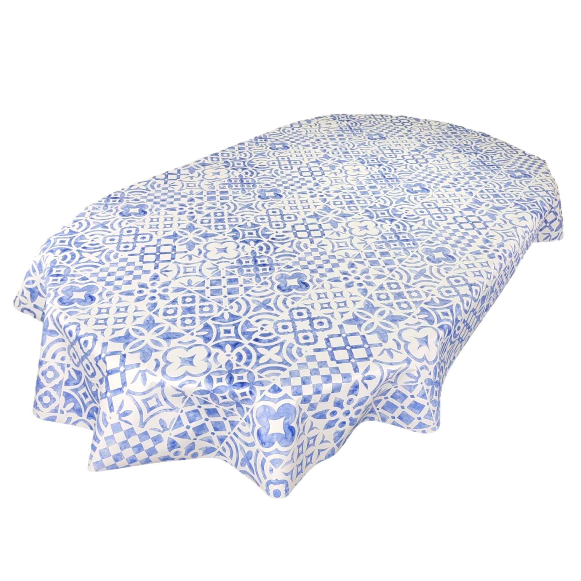 Oval Seville Tiles Blue Wipe Clean PVC Vinyl Tablecloth 250cm x 140cm