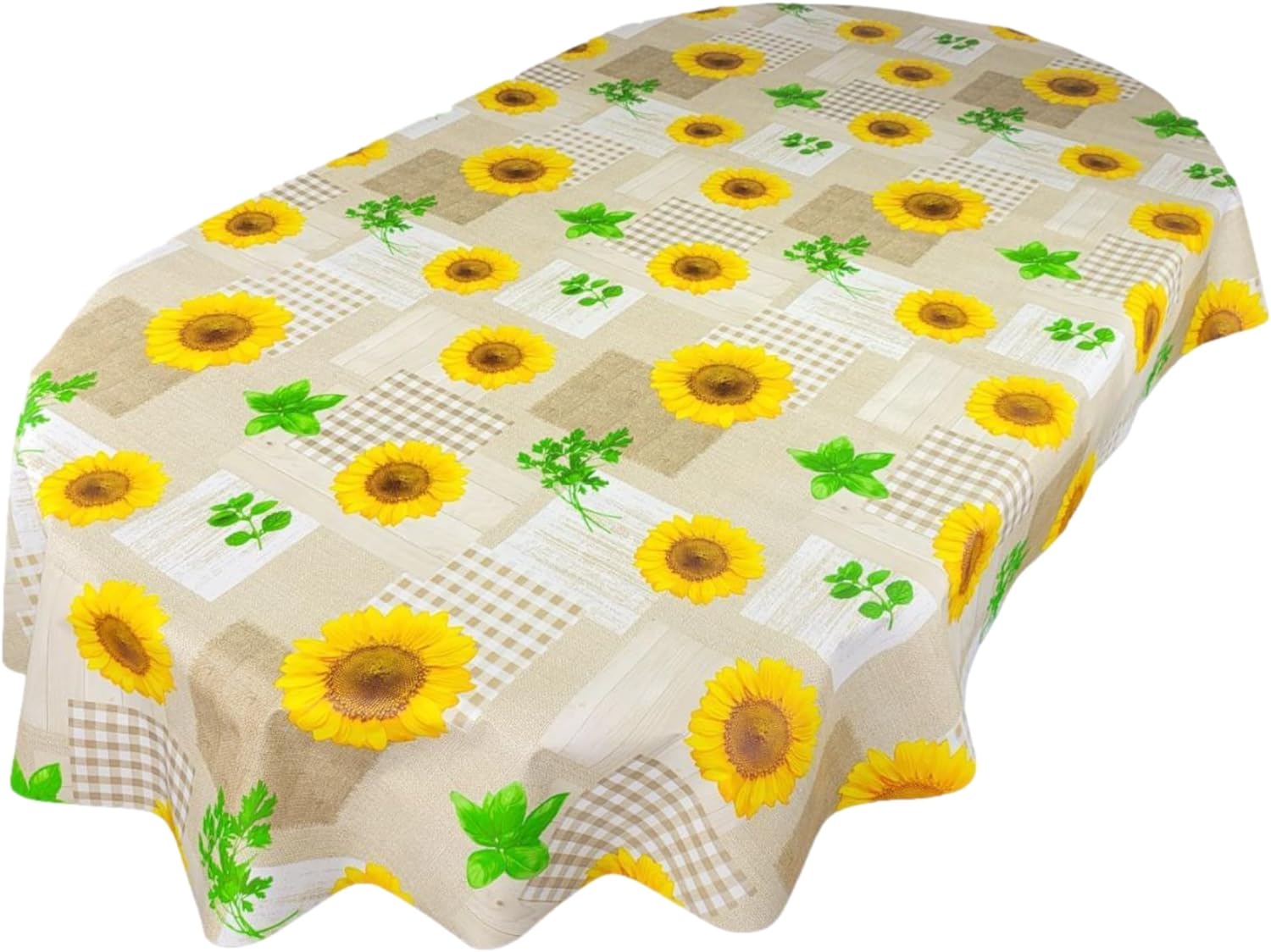 Oval Wipe Clean Tablecloth Vinyl PVC 300cm x 140cm Taupe and Yellow Su