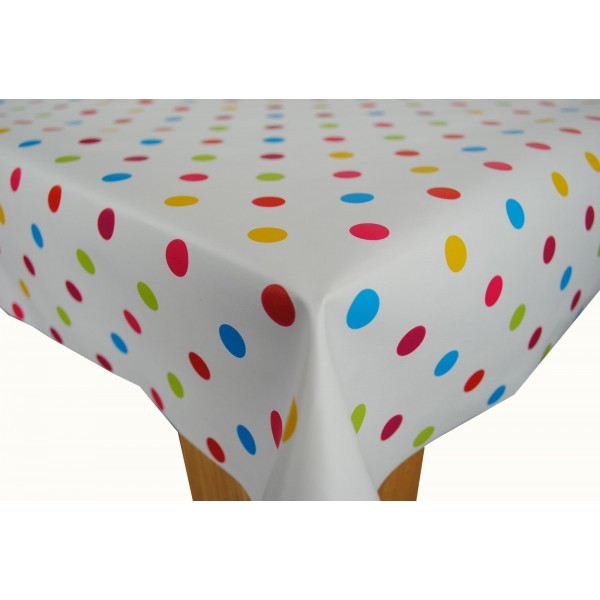 Square Wipe Clean Tablecloth Vinyl PVC 140cm x 140cm Multi Spot on Whi