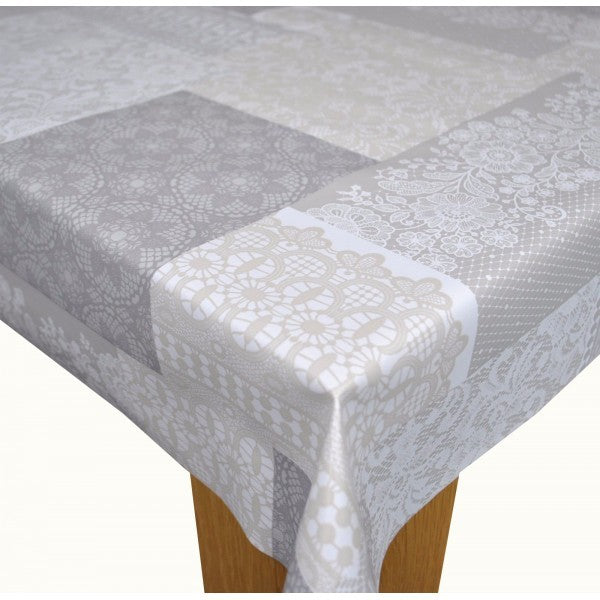 Square Wipe Clean Tablecloth Vinyl PVC 140cm x 140cm Bruges Lace Grey