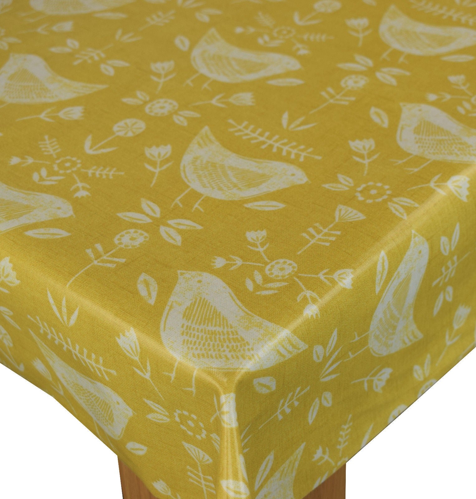 Round Wipe Clean Tablecloth PVC Oilcloth 132cm Narvik Birds Ochre