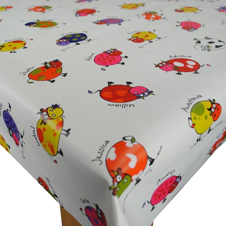 Funky Cows on WHITE Vinyl Oilcloth Tablecloth - Wipe Clean Tablecloths ...
