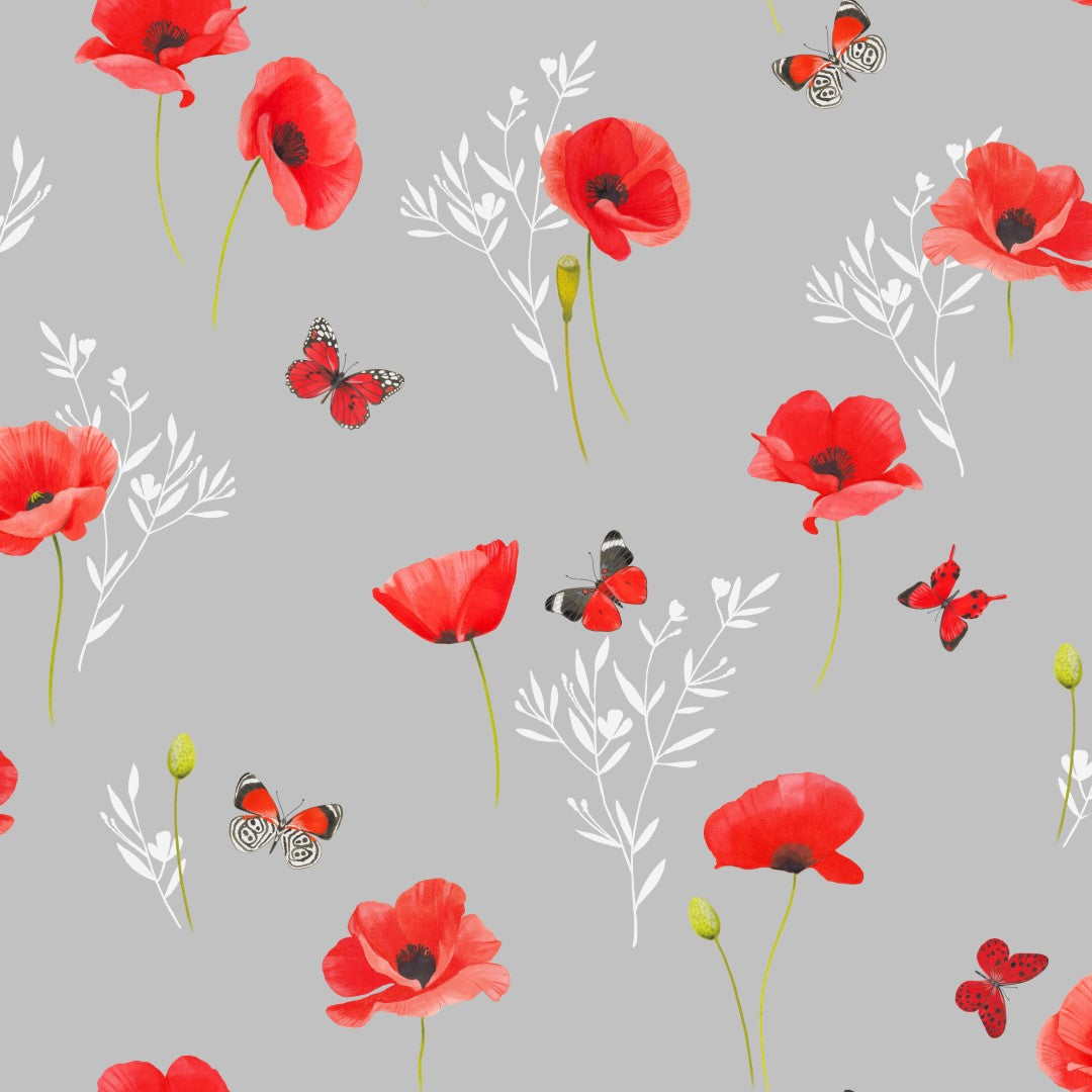 Poppies and Butterflies Red on Grey Vinyl Oilcloth Tablecloth - Vinyl ...