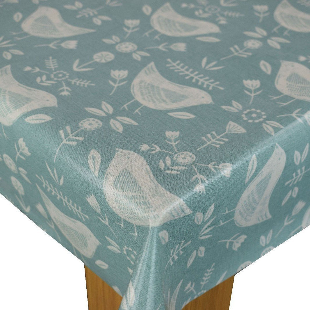 Round PVC Tablecloth Fryetts Narvik Scandi Birds Seafoam Oilcloth 132c