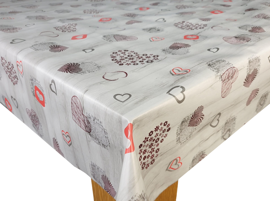 Love Hearts Multi on Wood Effect Vinyl Oilcloth Tablecloth -Vinyl ...