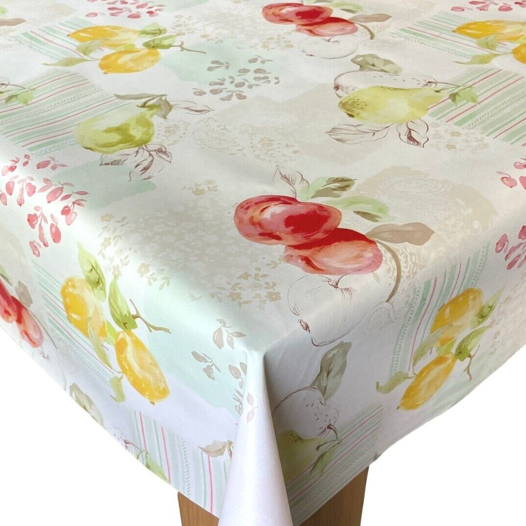Apple and Pears on Green and Cream PVC Vinyl Tablecloth 20 Metres